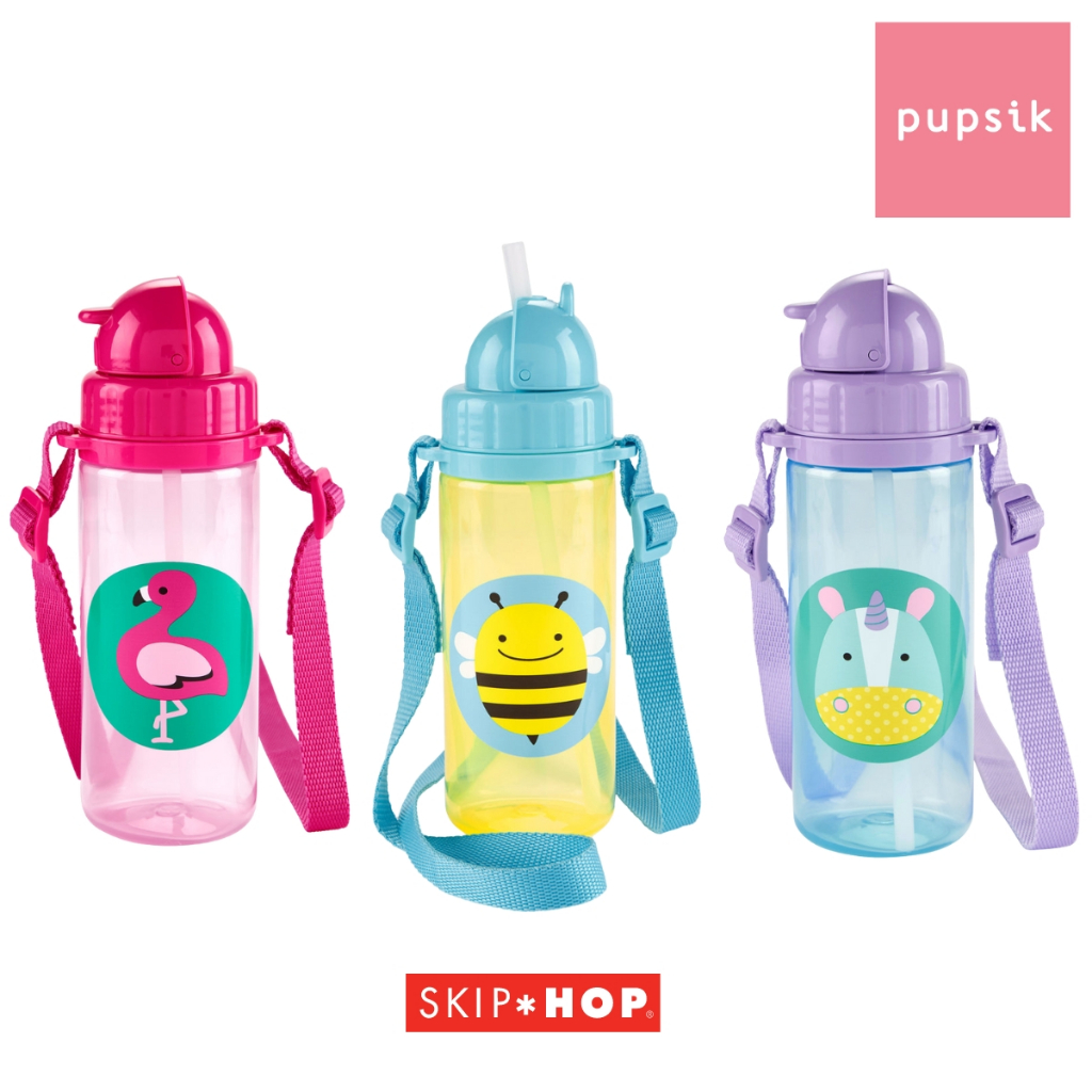 Skip Hop Zoo Straw Water Bottle with Long Straps + Extra Straw, 13oz (6 ...