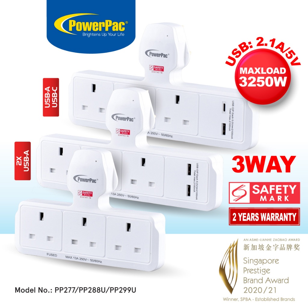 PowerPac Multi Plug Extension Adapter with 3 Way adapter, USB-A, USB-C ...