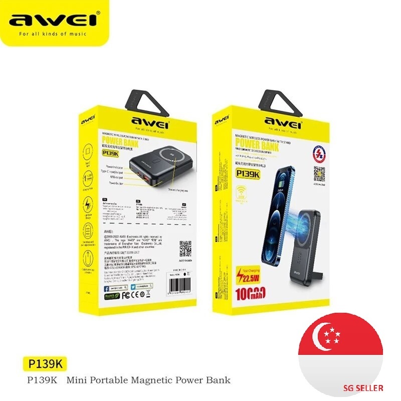 AWEI P139K Magnetic Wireless Powerbank 10000mAh with Stand (MAX 22.5W ...