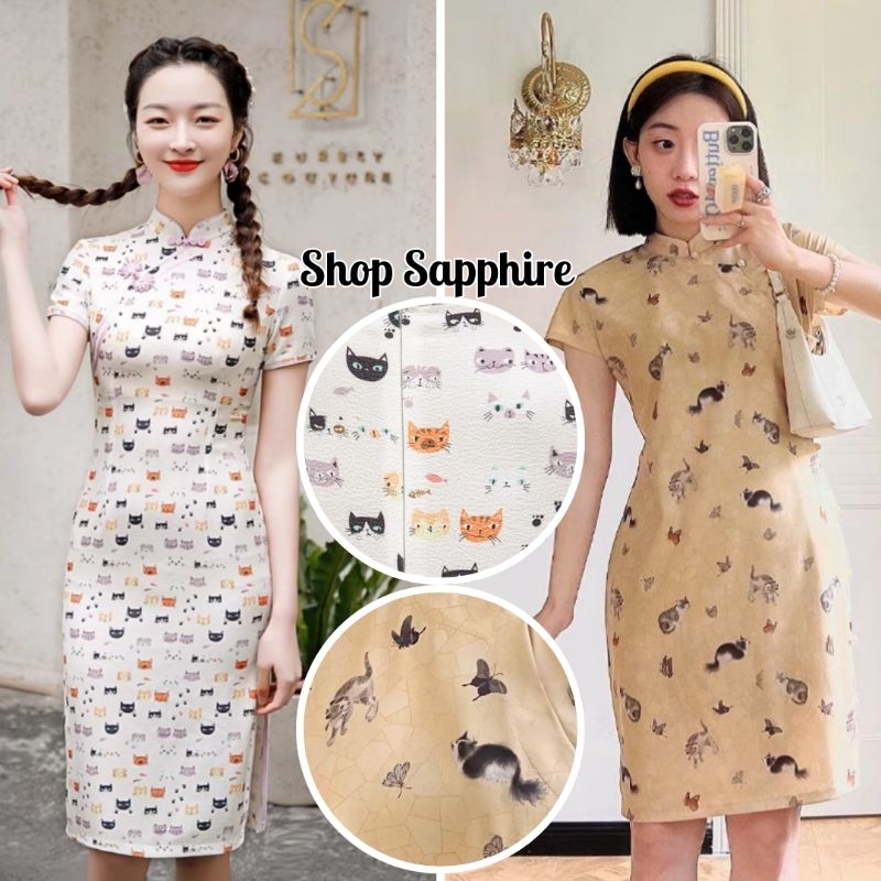 🐱 Cats Cheong Sam Qipao Dress / sleeved cheongsam qi pao cny chinese ...