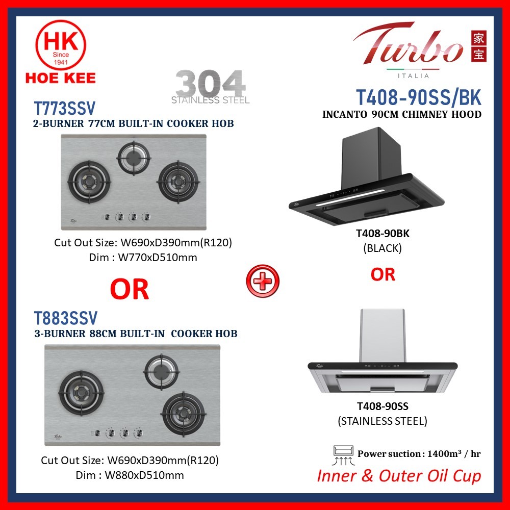 (BUNDLE) TURBO INCANTO 3-BURNERS STAINLESS STEEL GAS HOB + TURBO INCANTO T408-90SS/BK 90CM ...