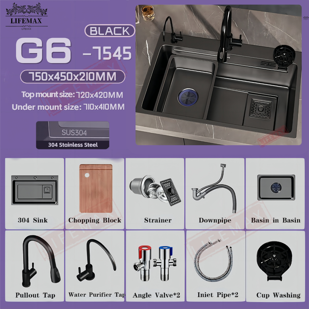 [SG Seller]Waterfall Nano Kitchen Sink 304 Stainless Steel Single Basin Bowl Tank Pullout Faucet ...