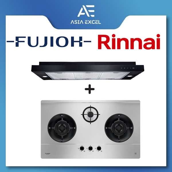 RINNAI RH-S329-PBR 90CM SLIMLINE HOOD + FUJIOH FH-GS6530 SVSS 3 BURNER STAINLESS STEEL GAS HOB ...