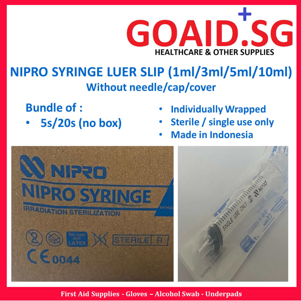 Sterile Nipro Syringe Luer Slip (5pcs OR 20pcs) (1ml/3ml/5ml/10ml) without needle/cover/cap ...