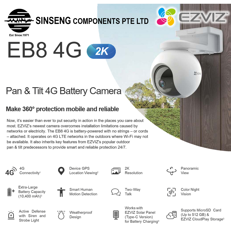 EZVIZ EB8 4G Sim Card 2K Pan & Tilt Solar Panel Battery IP Camera CCTV ...