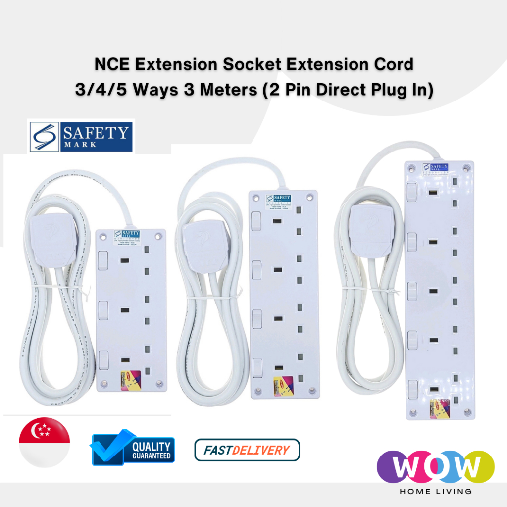 NCE Extension Socket 3/4/5 Way 3 Meter (Direct 2 Pin Plug In) No Neon ...