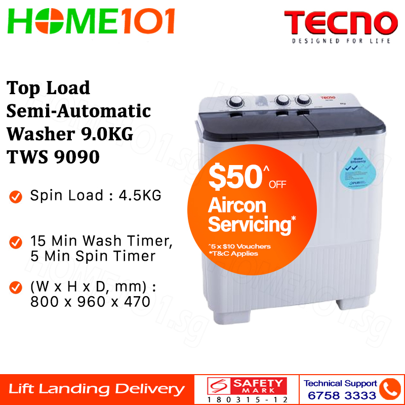 Tecno TWS9090 Semi Auto Top Load Washing machine 9kg | Shopee Singapore