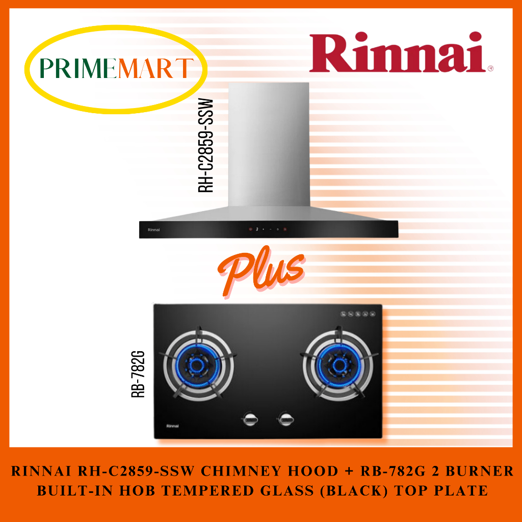 RINNAI RH-C2859-SSW CHIMNEY HOOD + RB-782G 2 BURNER BUILT-IN HOB TEMPERED GLASS (BLACK) TOP ...