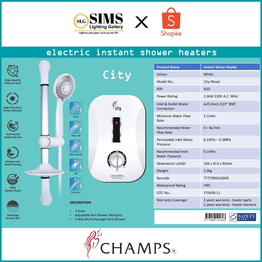 Champs City Instant Water Heater with Shower Holder Set | Shopee Singapore