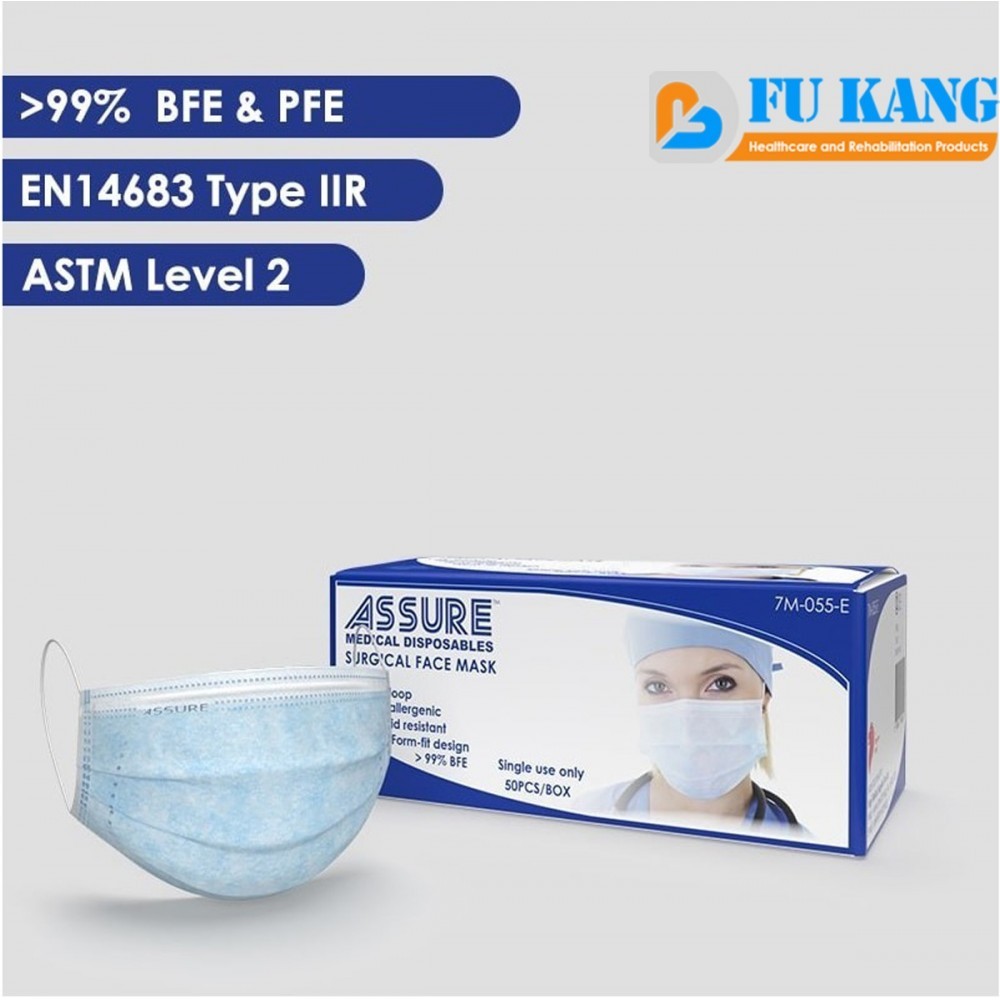 Assure Blue Surgical Face Mask 3-Ply With Earloop, ASTM Level 2 ...