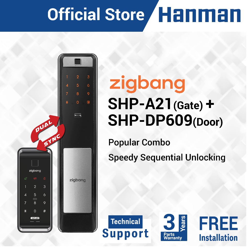 HDB/BTO BUNDLE(2-WAY SYNC)-ZIGBANG SHP-DP609(WIFI WOODEN DOOR LOCK)+ZIGBANG SHP-A21(METAL GATE ...