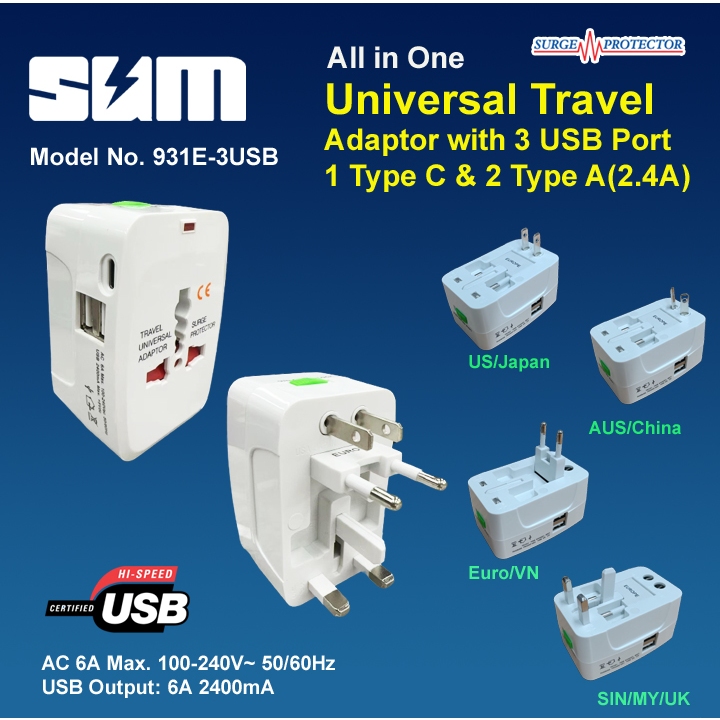SUM All in One Universal Traveler Adaptor with 3 USB 2.1A (1 Type C & 2 ...