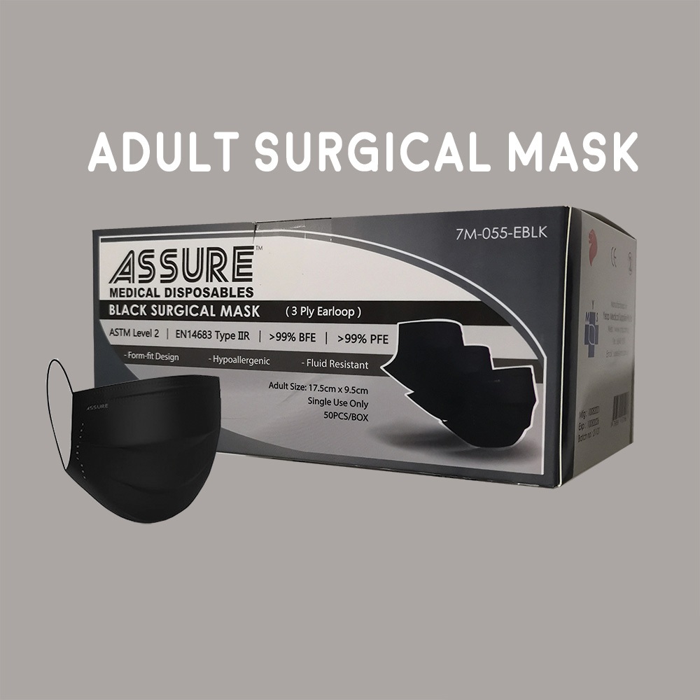 ASSURE Surgical Face Mask 3-Ply With Earloop > 99% BFE, Blue/Black ...