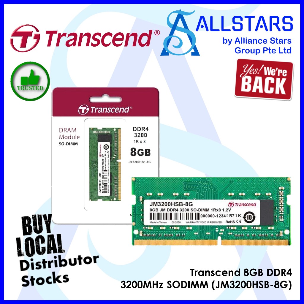 Transcend 8GB DDR4 3200MHz SODIMM / 1Rx8 (JM3200HSB-8G) (Warranty Ltd ...