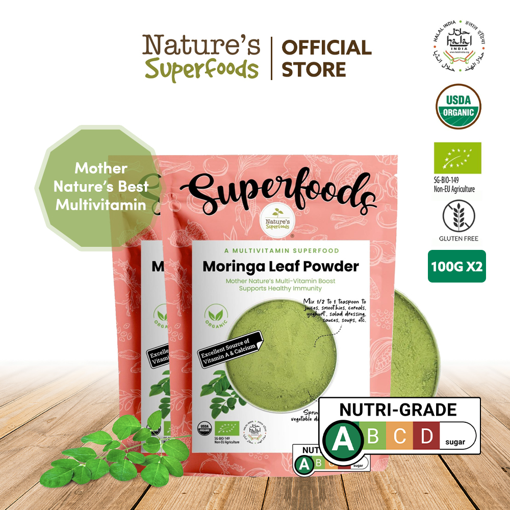 Bundle Deal: Nature's Superfoods Organic Raw Moringa Leaf Powder 100g Pack x 2 l Natural ...