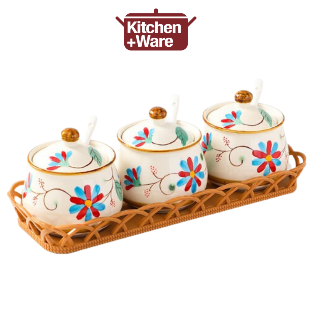 Porcelain Condiment Set (3pcs) / Seasoning Storage Jar with Spoon and ...