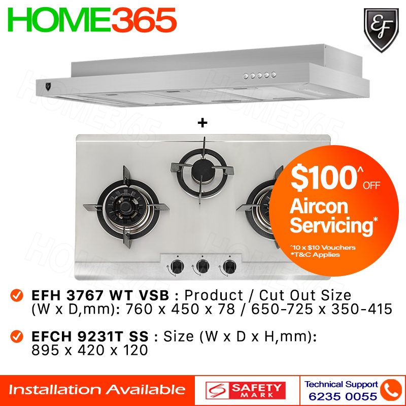 EF Semi Integrated Hood 90cm EFCH 9231T SS & Built-In Hob 3 Burners EFH ...
