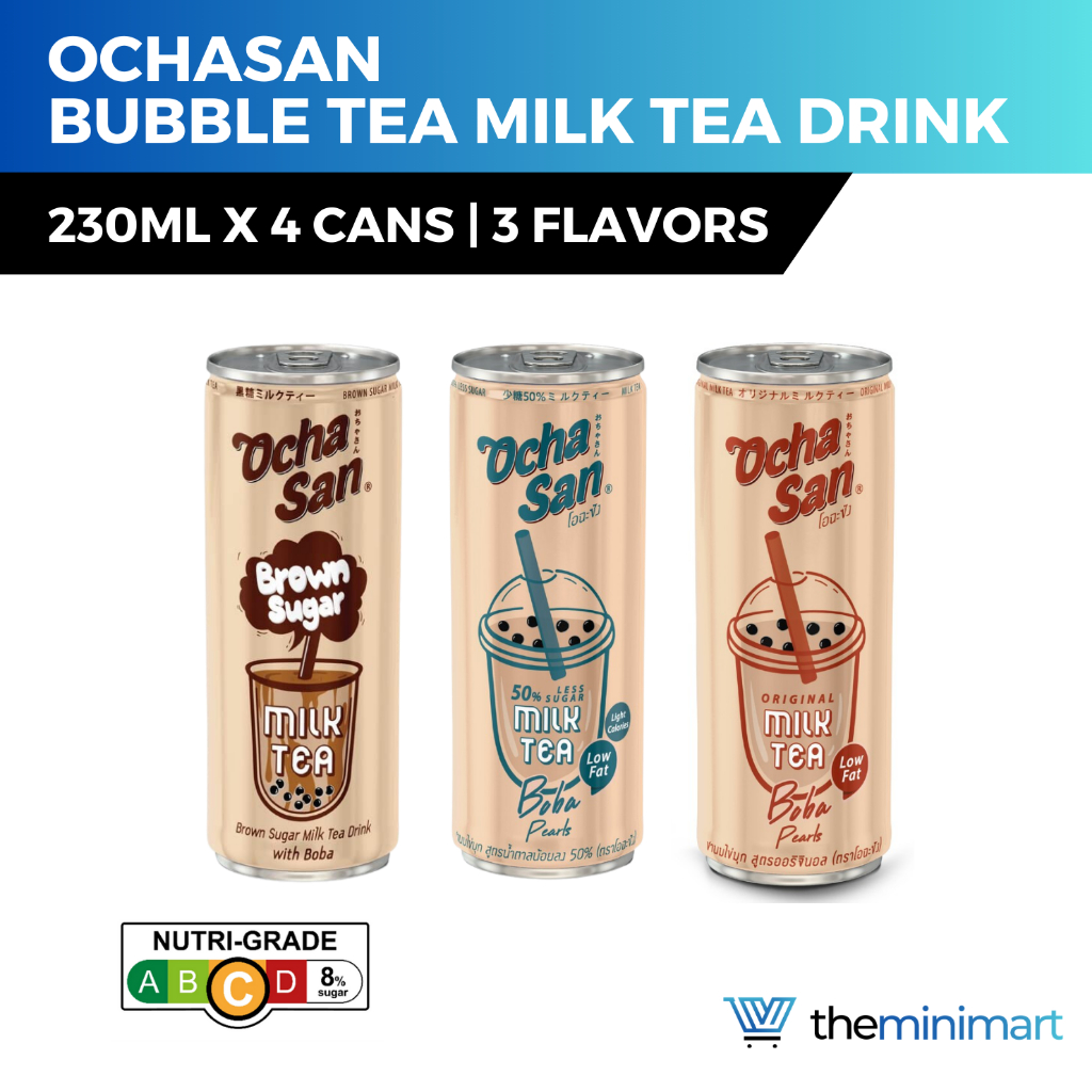 [Bundle of 4] Ochasan Bubble Tea Milk Tea Drink 230ml - Original / Less Sugar / Brown Sugar ...