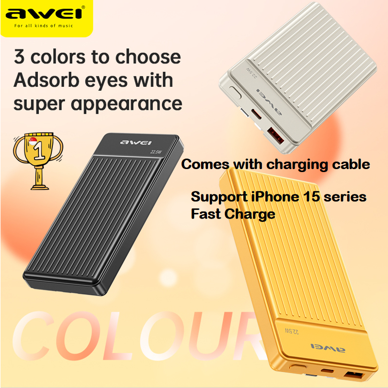 Awei P88K Compatible 15 Pro Max 10000mAh PD20W 22.5W Built In Cable ...
