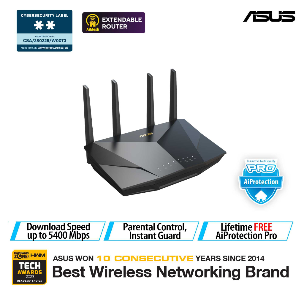 ASUS RT-AX5400 Dual Band WiFi 6 Extendable Router - AiMesh Compatible, Built in VPN ...