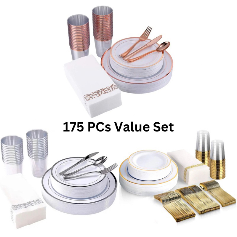 [SG Stock] 25 Pax Disposable Plastic Partyware Dinnerware Set with Gold ...