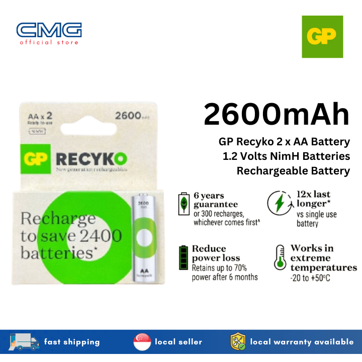 GP ReCyko AA Batteries 2600mAh 2 Piece Pack NiMH Rechargable Battery ...