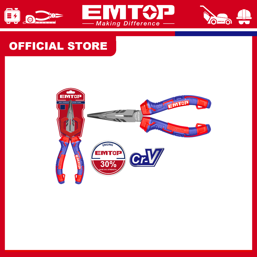 EMTOP 6"Portable Professional Dipped Handle High Leverage Long Nose side cutting plier for DIY ...