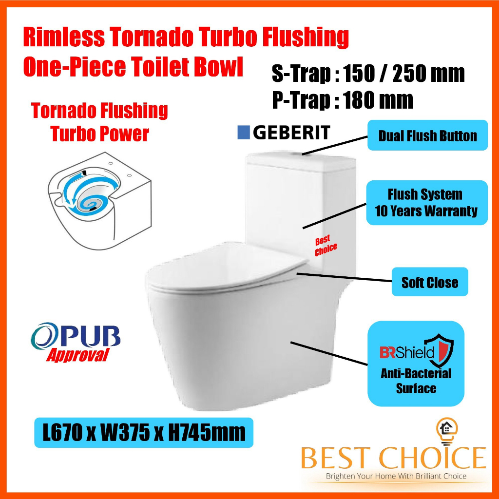 Rimless Tornado Flushing Turbo Power White Colour One Piece Toilet Bowl ...