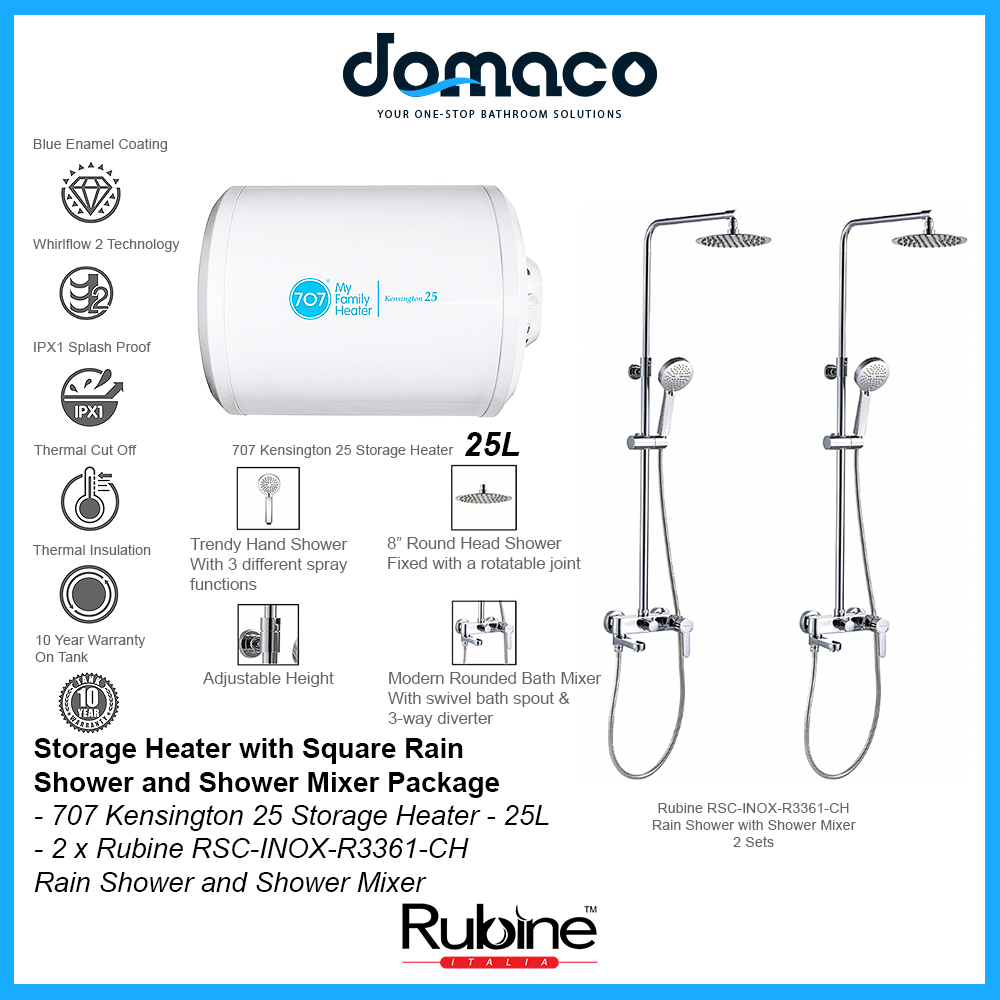 707 Storage Heater with Rubine Round Rain Shower and Shower Mixer ...