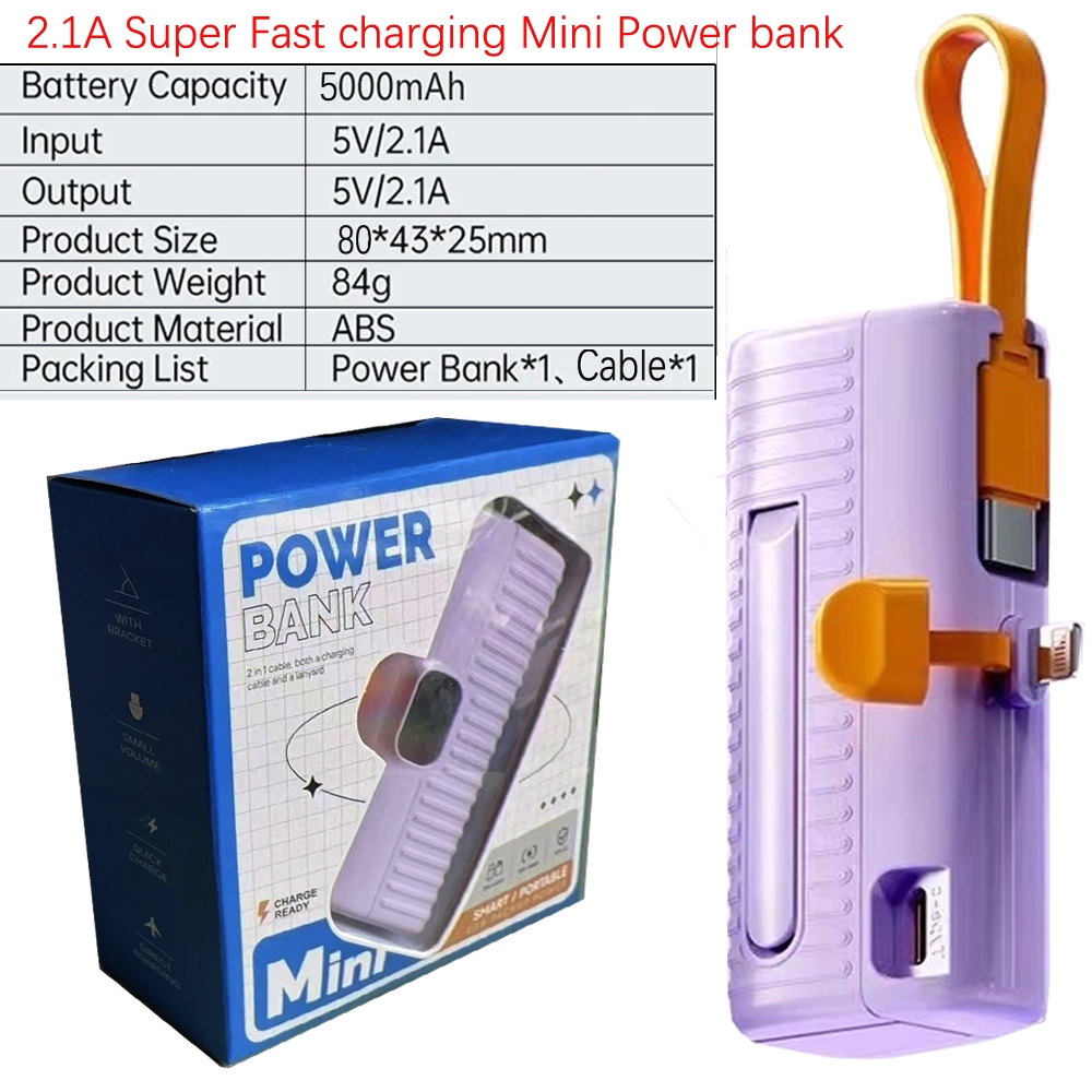 Mini Portable Phone Charger 2 in 1 Power Bank 5000mAh Built-in ...