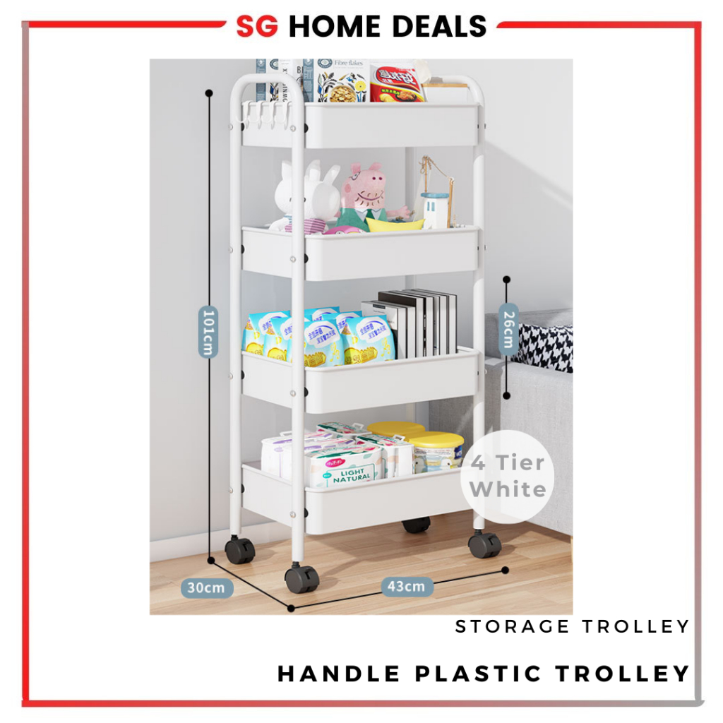 3/4 Tier Plastic Trolley Cart Handle, Plastic Trolley Storage Racks ...