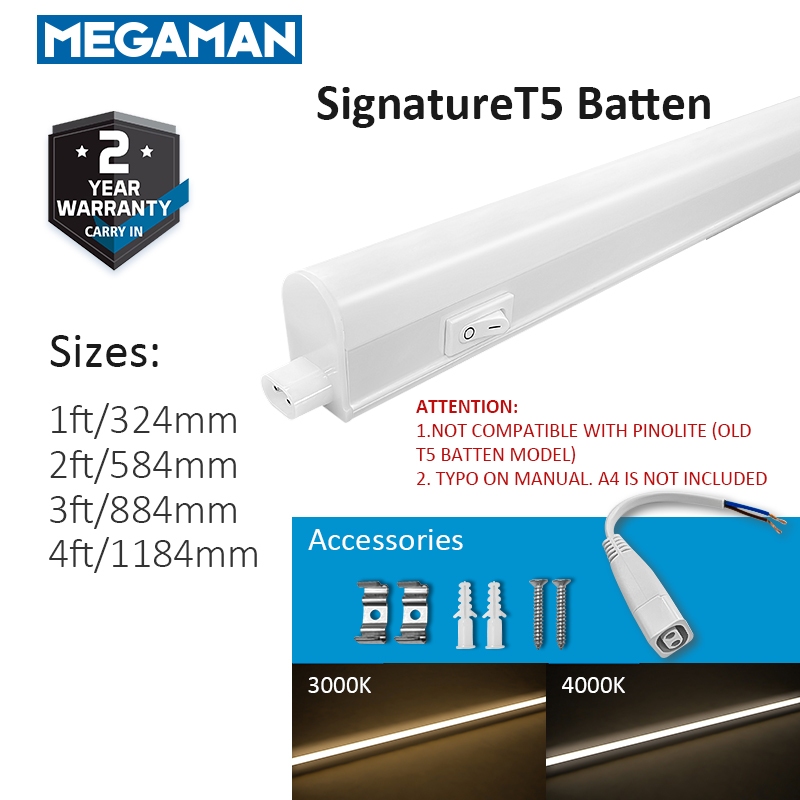 Megaman LED T5 Batten Bulb Tube Light SIGV1 T5 4W 8W 10W 14W 3000K ...