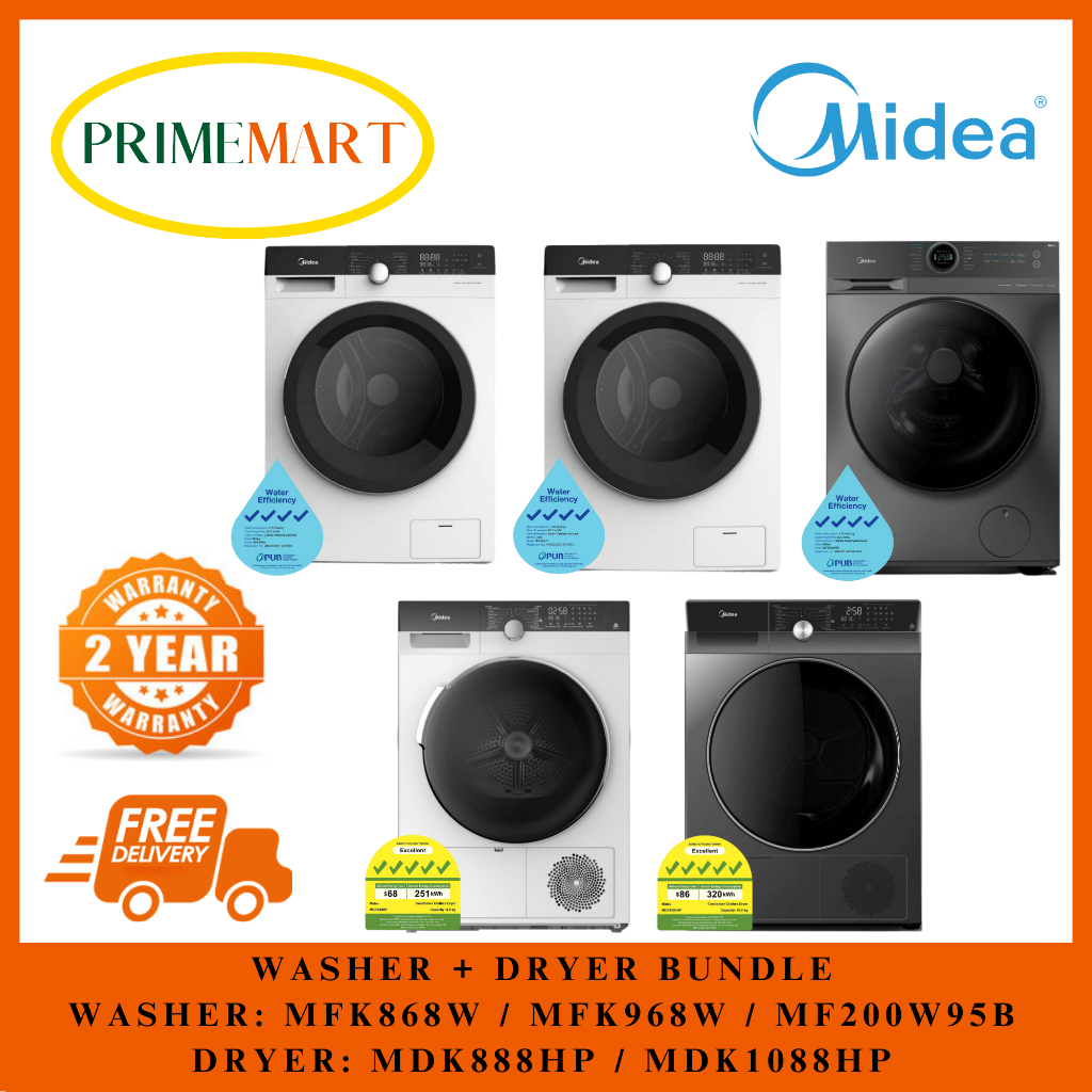 MIDEA BUNDLE! WASHER [MFK868W/ MFK968W/ MF200W95B/ MF200W120WB] + DRYER ...