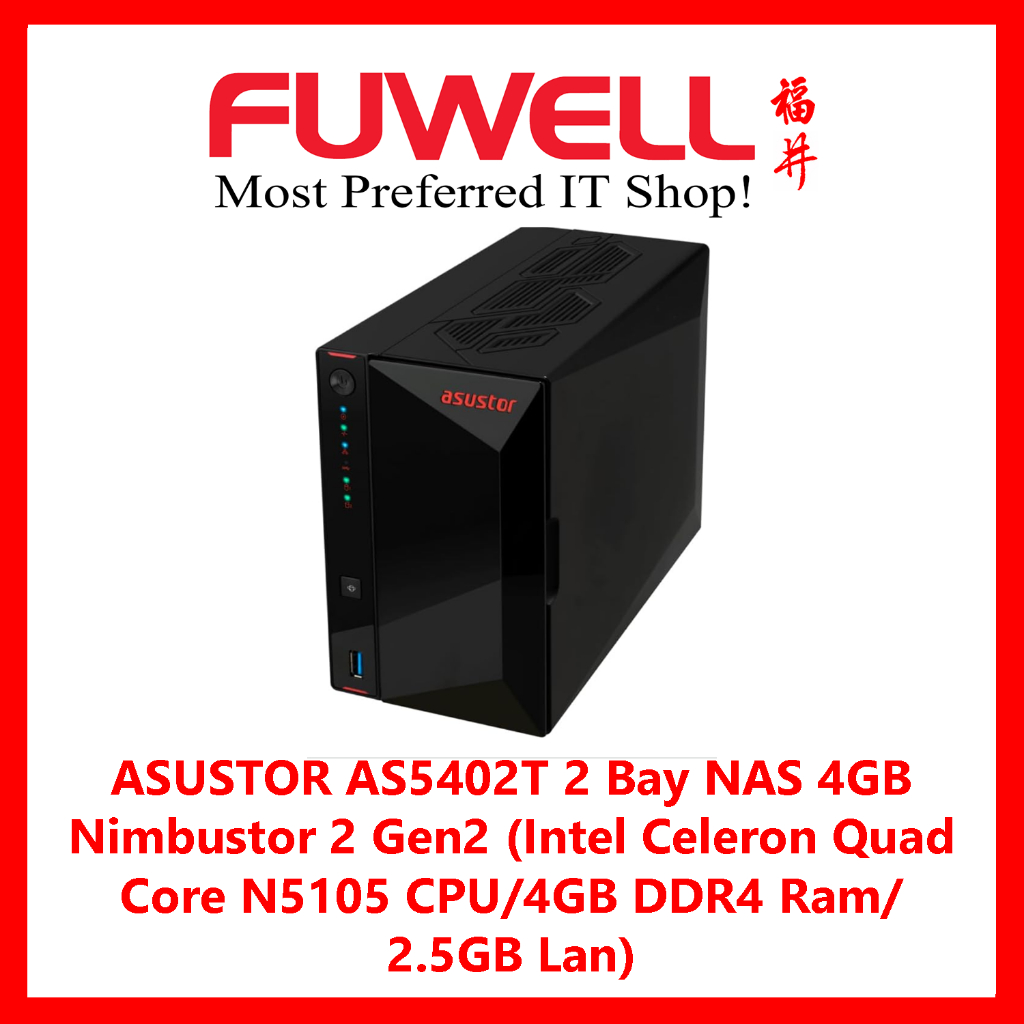 FUWELL- ASUSTOR AS5402T 2 Bay NAS 4GB Nimbustor 2 Gen2 (Intel Celeron ...