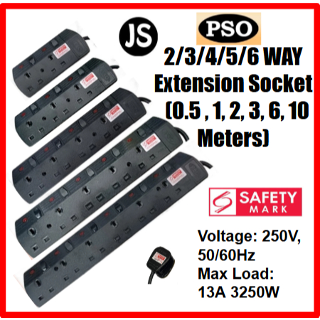 2/3/4/5/6 Way Black Extension socket With Singapore Safety Mark (0.5m ...