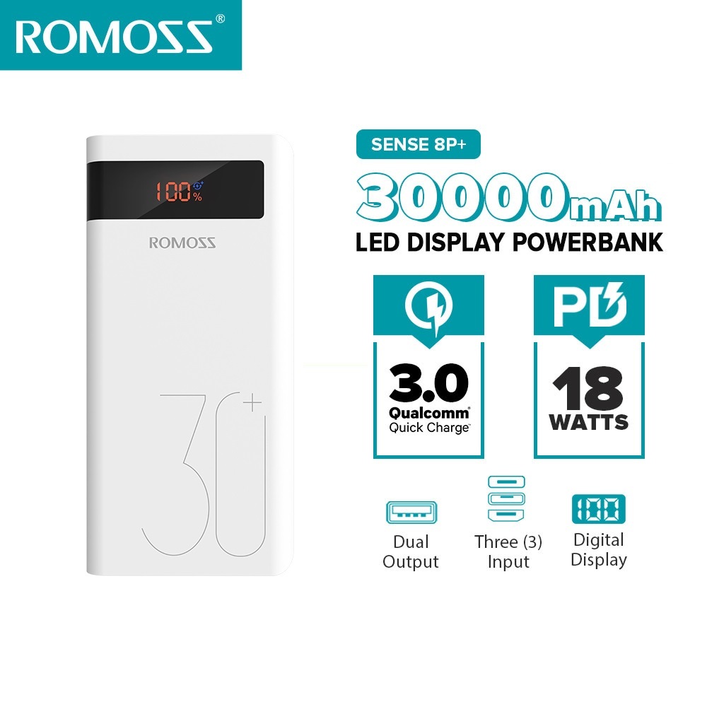 Romoss Sense 8P Plus 30000mAh Original Powerbank 18W Fast Charge Type-C PD, 3 Outputs & 3 Inputs ...