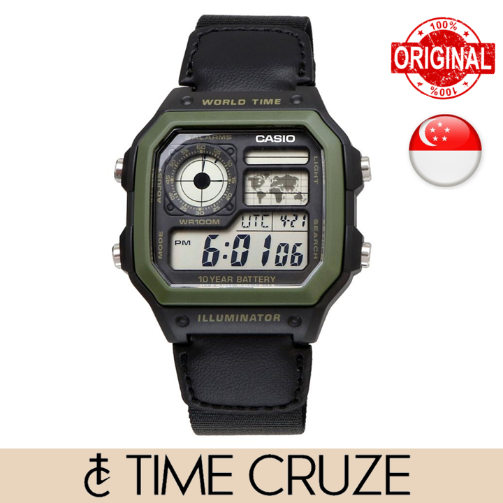 [Time Cruze] Casio AE-1200 World Time Black Cloth Band Digital Men Watch AE-1200WHB-1B AE ...