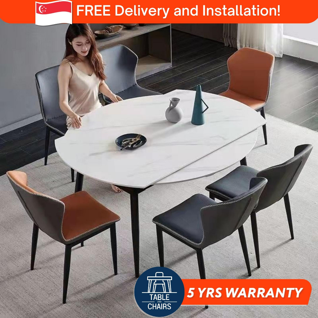 [SG] Extendable Round Dining Table Set | Sintered Marble & Chairs | 1 ...