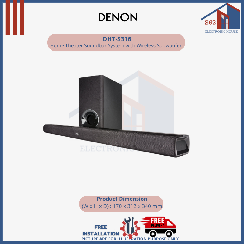 DENON DHT-S316 Home Theater Soundbar System with Wireless Subwoofer ...