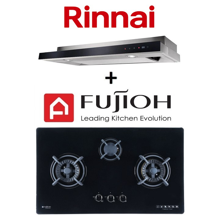 RINNAI RH-S309-GBR-T 90CM SLIM HOOD WITH TOUCH CONTROL + FUJIOH FH-GS6530 SVGL 3 BURNER GLASS ...
