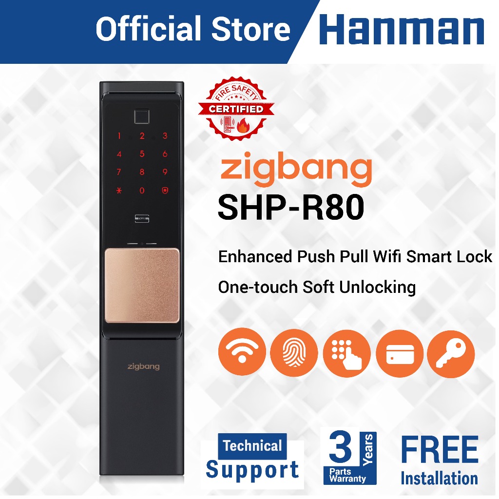 ZIGBANG SHP-R80 WIFI DIGITAL LOCK. FINGERPRINT/CARD/PIN/KEY + WIFI APP (FREE INSTALLATION + 3 ...