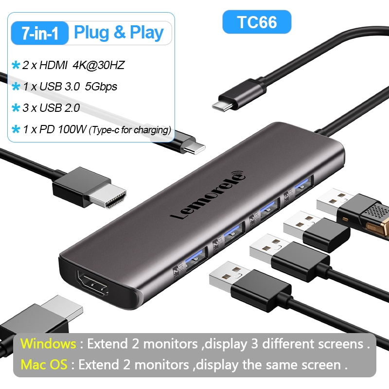 Lemorele Usb C Hub Docking Station Laptop Type C Dock Hdmi Splitter ...