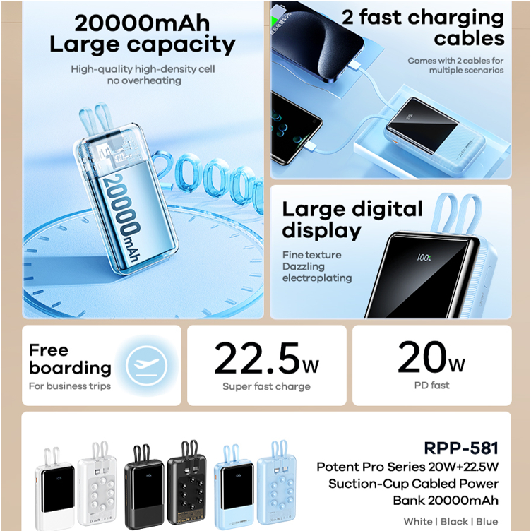 Remax Powerbank PD RPP-581 20K RPP-582 10000mAh 22.5W Fast Charging Mobile Power Bank With 2-in ...