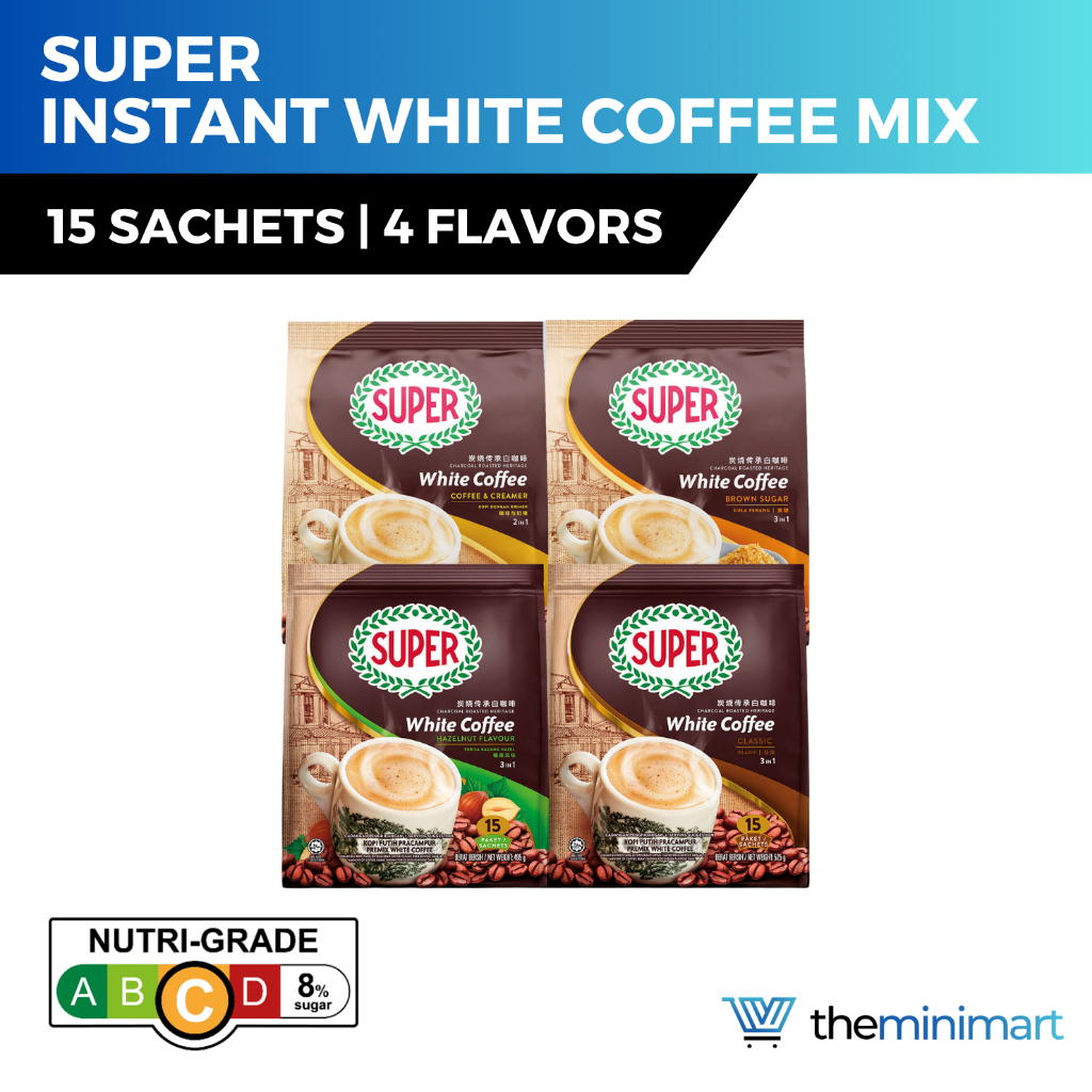 SUPER Instant White Coffee Mix, 15 Sachets, Hazelnut, Classic, Easy ...