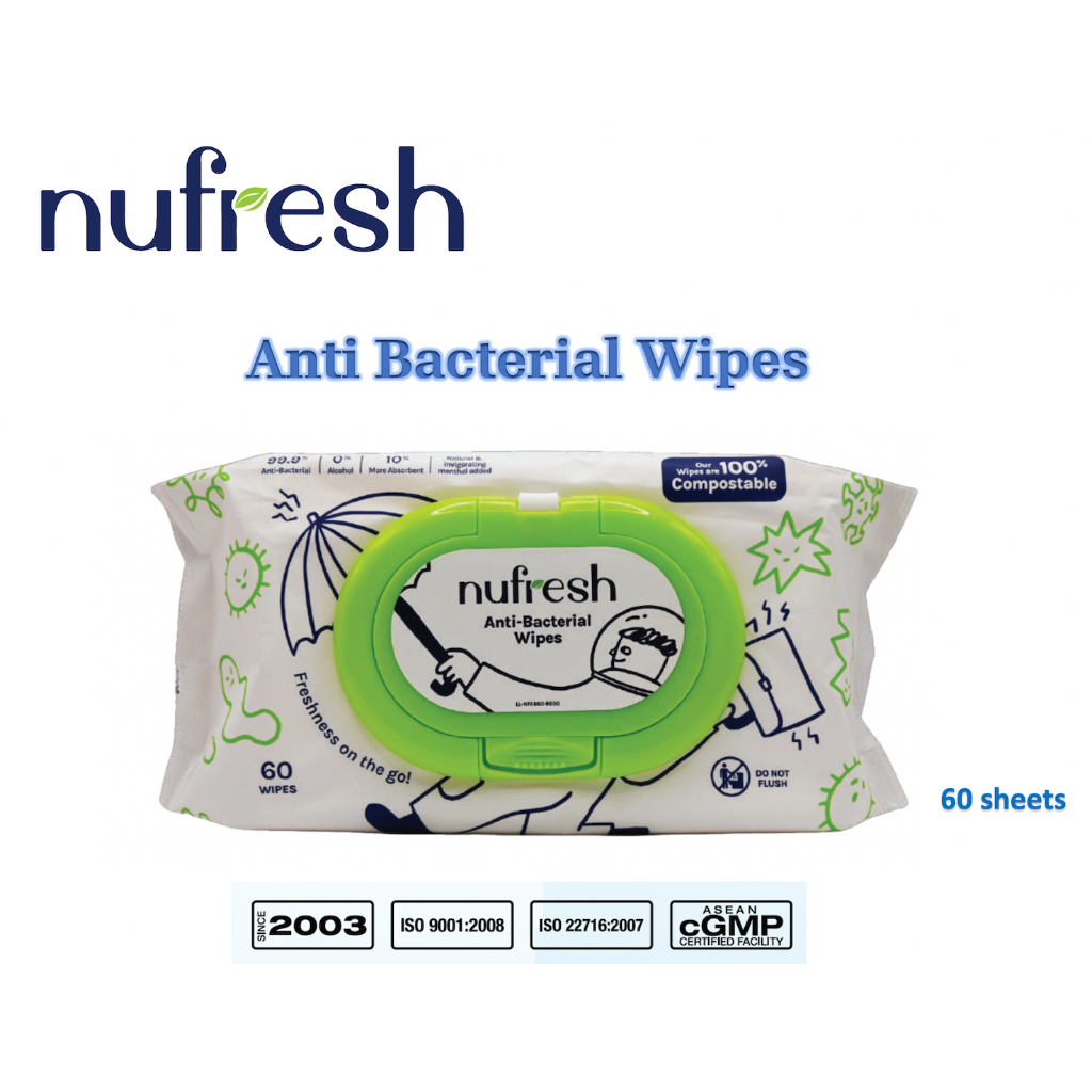 * NUFRESH * AntiBacterial Wipes * Alcohol- Free * pH Balanced * 60 ...