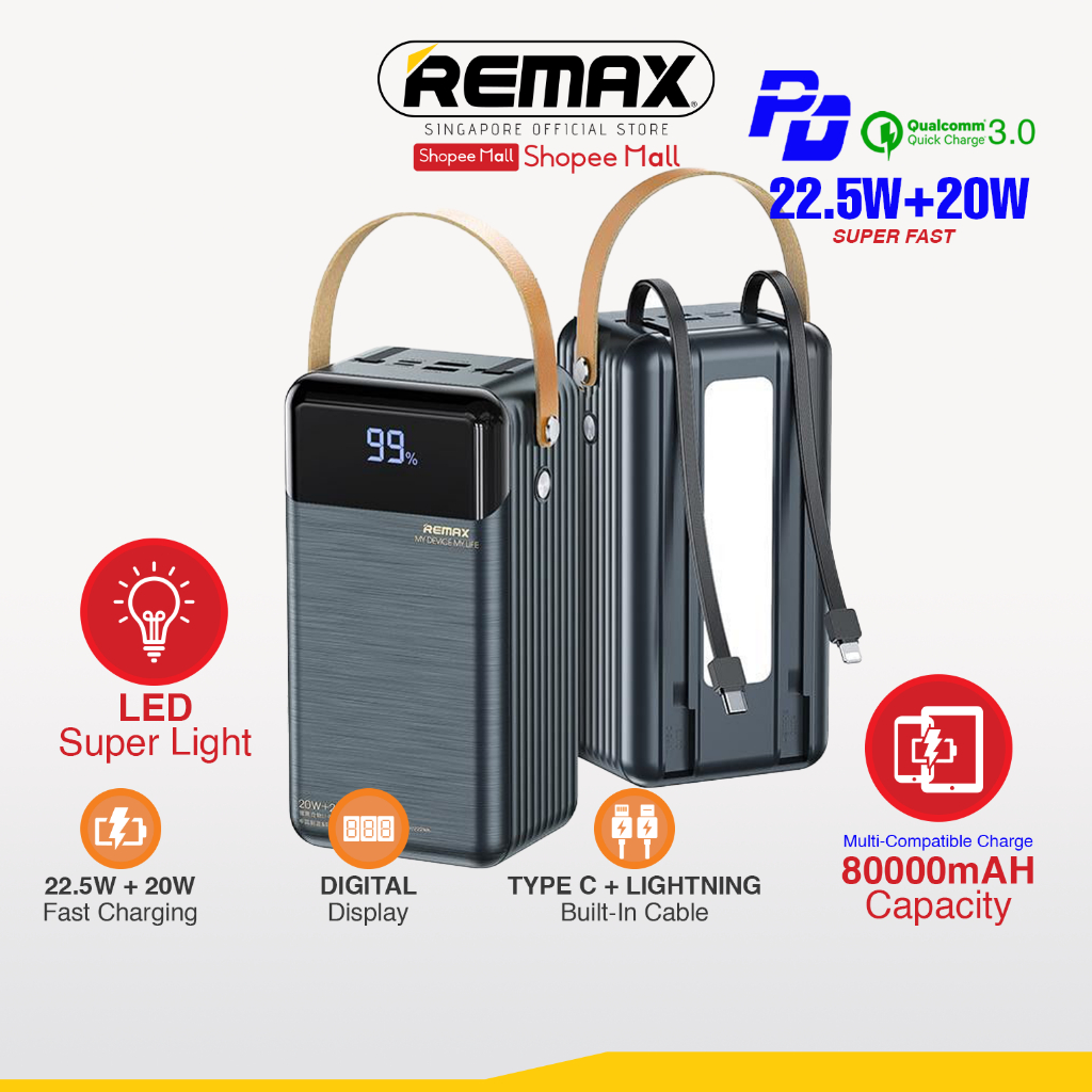 [Remax Energy] RPP-566 80000mAH Super Large Capacity QC22.5W + PD20W Super Fast Charging Multi ...