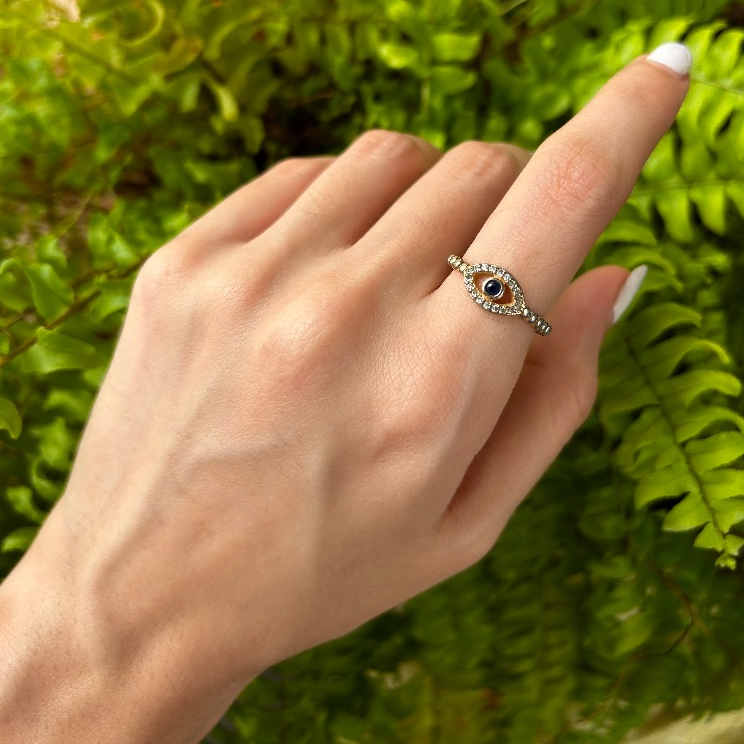 18k Gold/Silver Non-Tarnish Turkish Evil Eye Ring Resizable Affordable ...