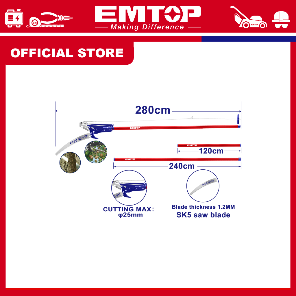 EMTOP Extendable Pole Saw & Pruner With Double Wheels Design EPSR252804 ...