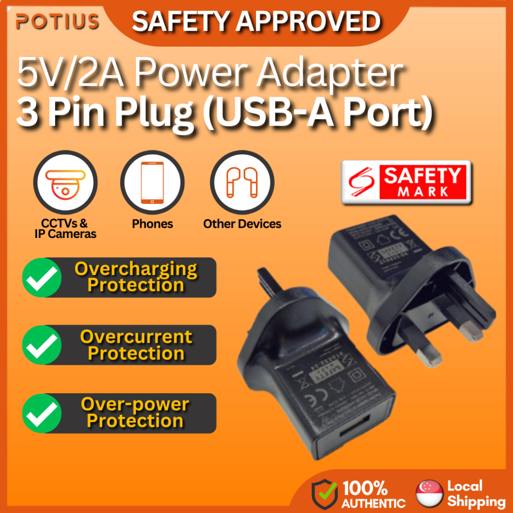 🇸🇬【𝗦𝗔𝗙𝗘𝗧𝗬 𝗔𝗣𝗣𝗥𝗢𝗩𝗘𝗗】5V/2A 3 Pin Plug Power Adapter USB-A Port Wall ...