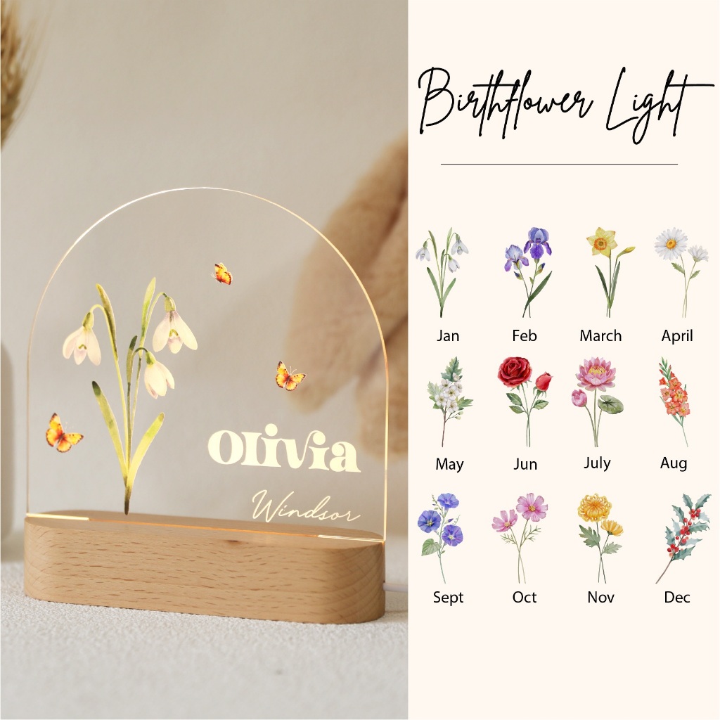 Birth Flower Light ,B'day gift to wife/girlfriend/her, custom flower ...